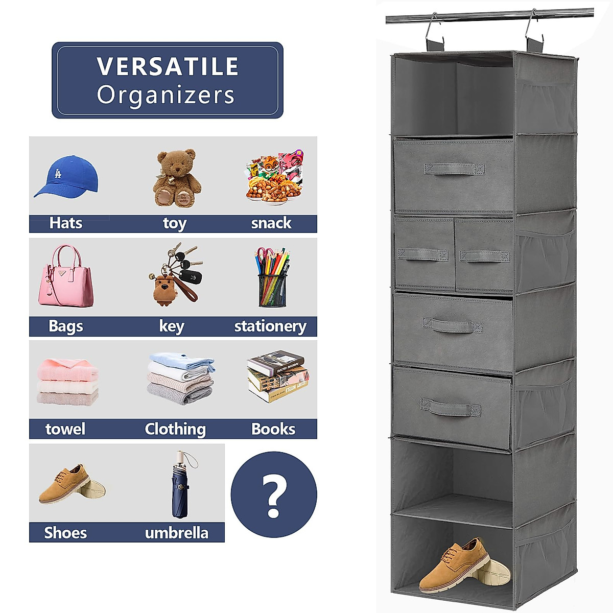 7-Shelf Hanging Closet Organizer with 5 Drawers, Hanging Closet Shelves Storage and 8 Mesh Pockets, Closet Organization and Storage for Wardrobe, Nursery, Baby, Underwear, Dorm,12.2*13.7*50''(Gray)