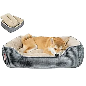 Miguel Dog Bed with Removable Cushion/Pillow for Medium Small Dogs, Washable Pet Bed with Side Easy to Wash Puppy Bed, Large Rectangle Cat Bed for Indoor Cat with Anti-Slip Bottom, Gray 30 Inch