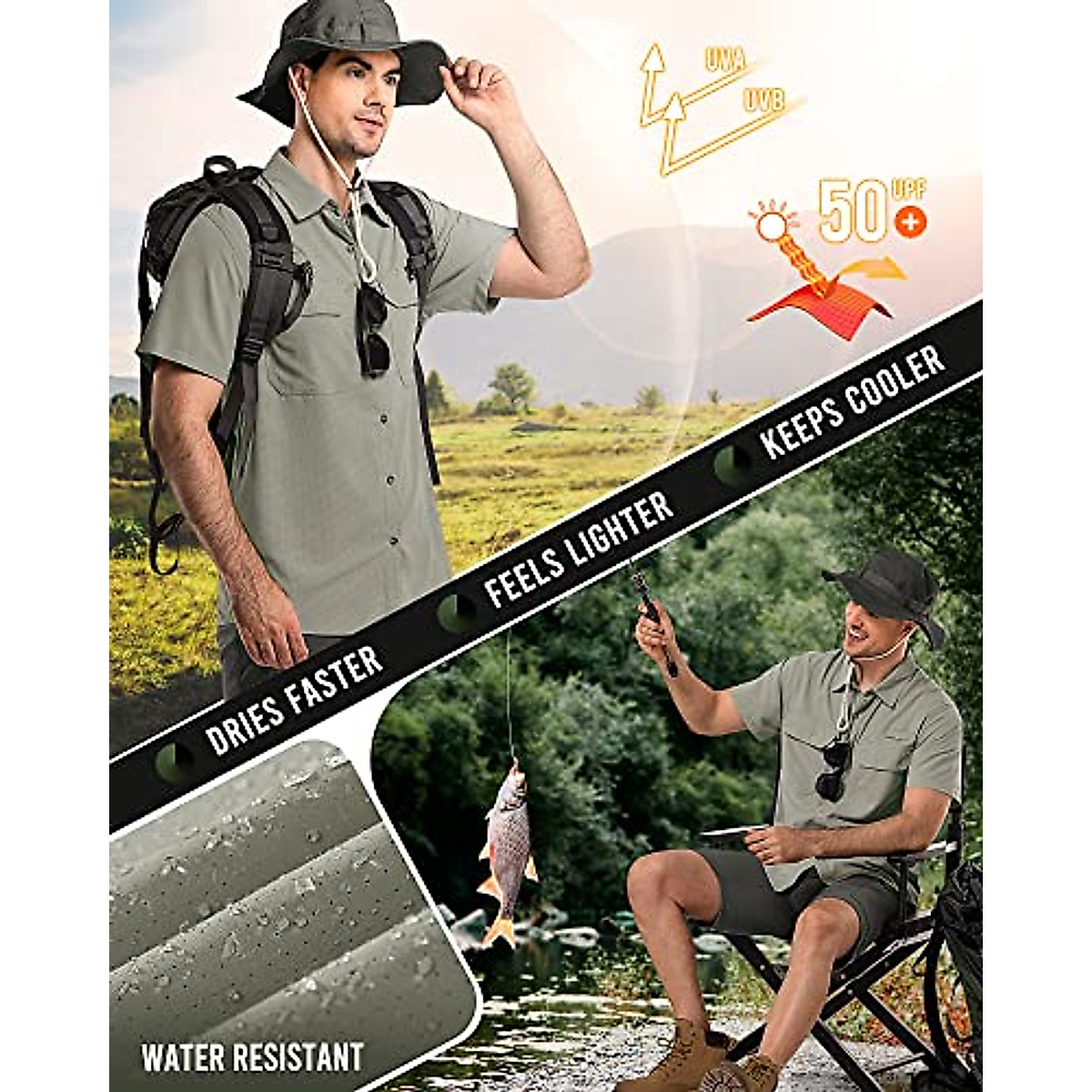 33,000ft Men's UPF 50+ UV Short Sleeve Hiking Fishing Shirt Quick Dry Cooling PFG Sun Protection Shirt for Travel Safari Gray Green