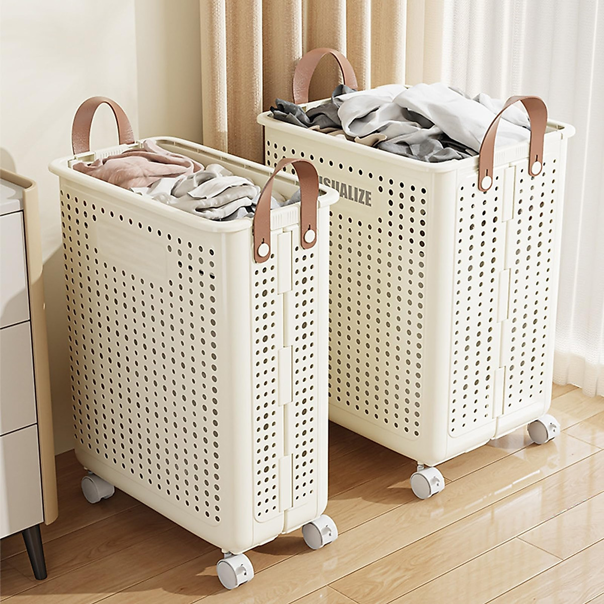 curfair Laundry Basket Foldable with Wheels, Collapsible Laundry Hamper, Slim Laundry Basket Organizer Wheeled Laundry Basket Plastic, Dirty Clothes Basket for College Dorm, Bathroom White M