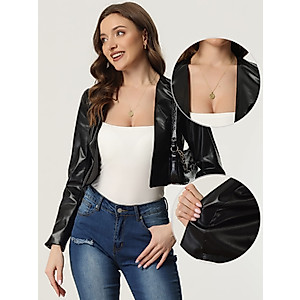 Allegra K Faux Leather Jacket for Women's Long Sleeve Short Coat Moto Biker Cropped PU Jackets X-Small Black