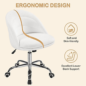 Yaheetech Velvet Cute Desk Chair Armless Office Chair Swivel Vanity Chair with Wheels Adjustable Comfy Desk Chair Soft Rocking Chair for Home Office, Living Room White