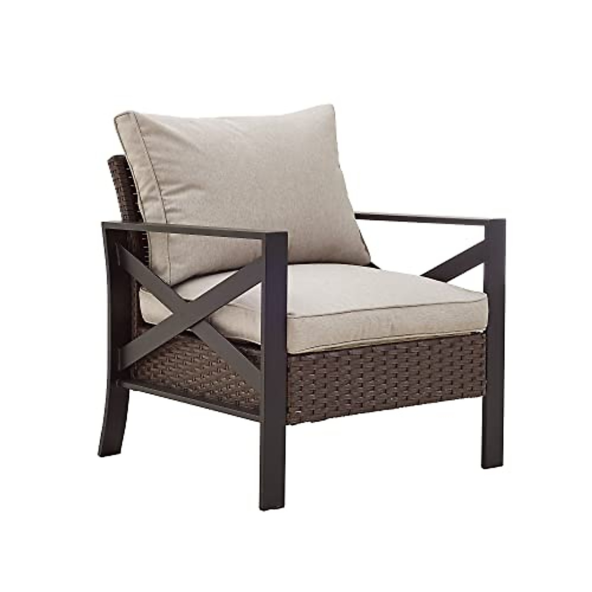 LOKATSE HOME Outdoor Single Wicker Sofa Armchair, Patio Bistro Rattan Chair with Side X Shaped Steel Frame Leg, Thick Cushion, Brown