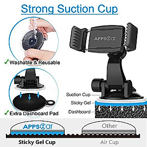 APPS2Car Suction Cup Phone Holder for Car with Adjustable Arm, Low Profile Dashboard Phone Mount Compact Windshield Window Dash Mobile Stand Compatible w/All iPhone and Android Cell Phones