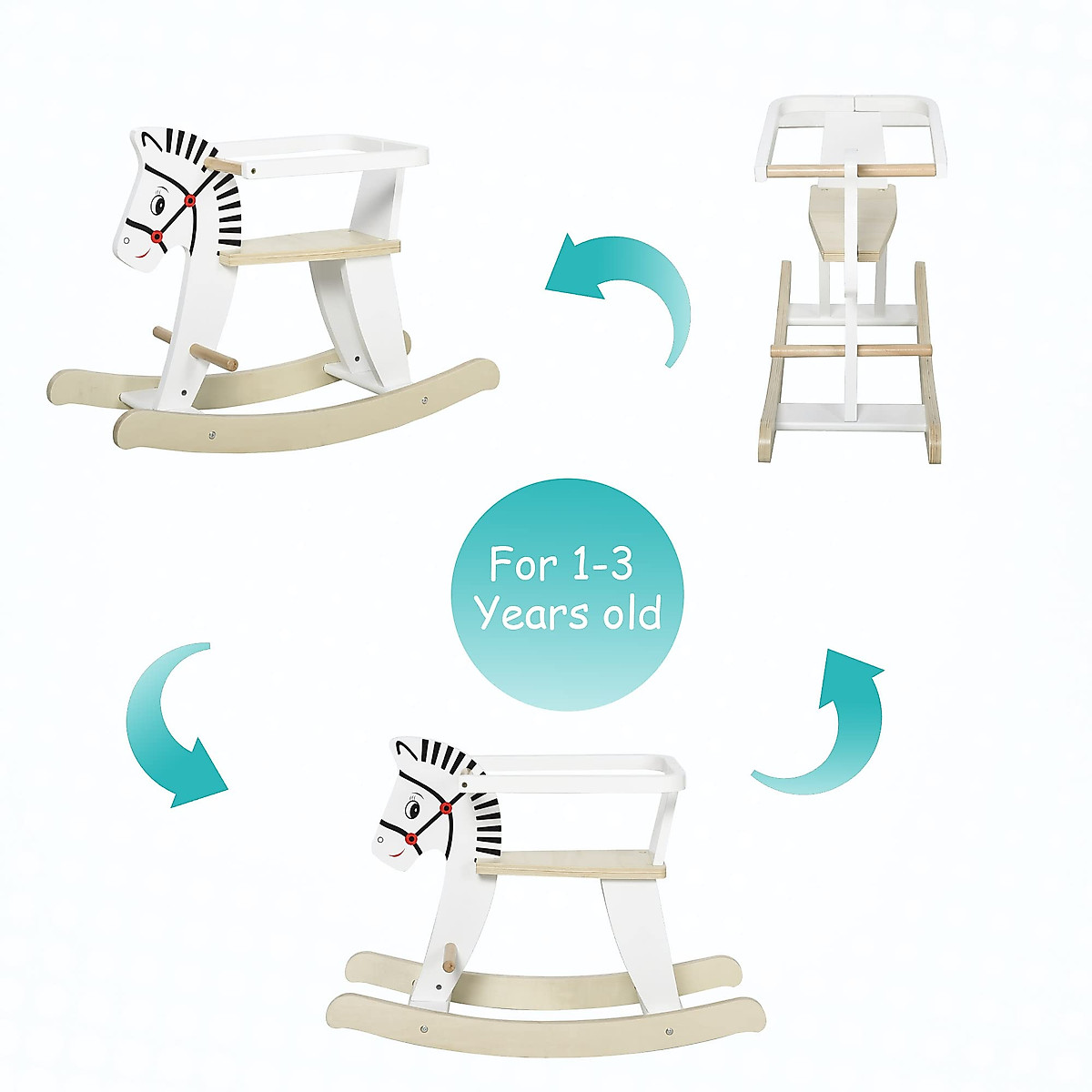 Qaba Wooden Rocking Horse Toddler Baby Ride-on Toys for Kids 1-3 Years with Classic Design & Wood Safety Bar, White