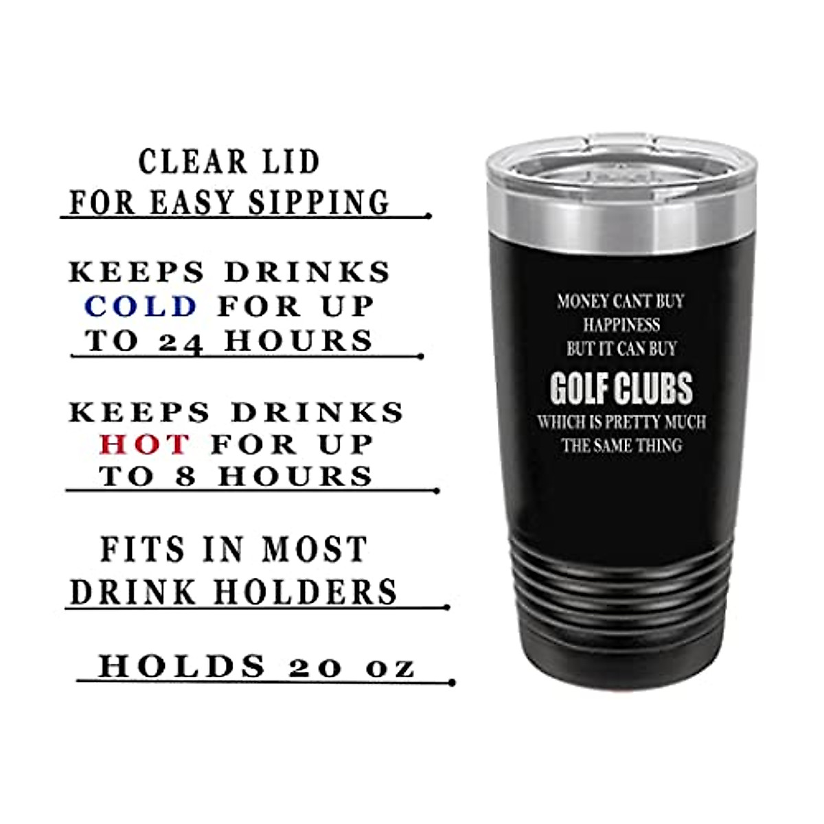 Rogue River Tactical Funny Money Happiness Golf Clubs 20 Oz. Travel Tumbler Mug Cup w/Lid Vacuum Insulated Hot or Cold Gift For Golfer Dad Grandpa Ball (Black)