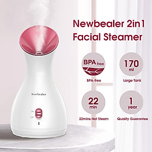 Newbealer 2in1 Facial Steamer, Hot Mist Facial Aromatherapy Humidifier Atomizer, Large Face Steamer Unclogs Pores Sinuses Moisturizing, Home Sauna Spa with Eyebrow Set (Red, 170 ml)