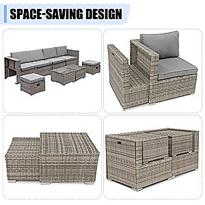 Outdoor Furniture Patio Furniture Set, 8 Pieces Wicker Rattan Conversation Sectional Sofa Couch with Comfortable Cushions for Garden Backyard Deck,Grey Wicker Denim Blue (Grey Wicker Grey Cushion)