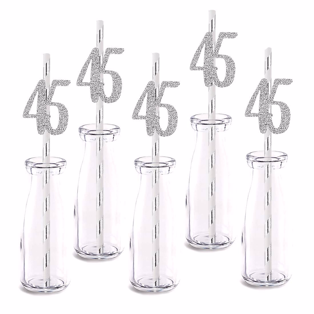Silver Happy 45th Birthday Straw Decor, Silver Glitter 24pcs Cut-Out Number 45 Party Drinking Decorative Straws, Supplies