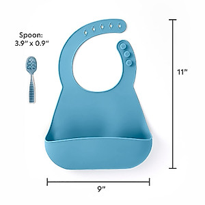 NumNum Pre-Spoon GOOtensils + Silicone Bibs - Babies & Toddlers Ki | Self Feeding Baby Spoon Set (Stage 1 + Stage 2) | Waterproof, Soft, Adjustable, 100% Food Grade Bib - (Blue/Glacier Green)