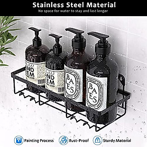 Adhesive Shower Caddy (2 Pack) with 2 Soap Dishes, Shower Shelf with Hooks, No Drilling/ Wall Mounted Shower Rack Rustproof Stainless Steel Shower Organizer for Inside Shower & Kitchen Storage (Black)