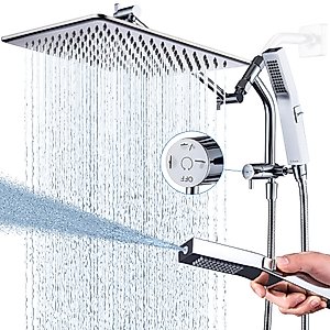 G-Promise All Metal 12'' Rain Shower Head with Handheld Built-in Power Wash Mode 3-way Diverter with Pause Setting 11'' Adjustable Extension Arm with Lock Joint 65'' Stainless Steel Hose