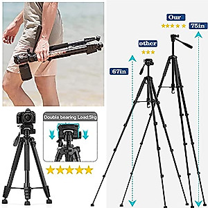 KINGJOY 75" Camera Tripod for Canon Nikon Cell Phone Tall Tripod with Wireless Remote Travel Bag Phone Tablet Holder Compatible with DSLR Cameras, Cell Phones, Projector, Binocular, Spotting Scopes
