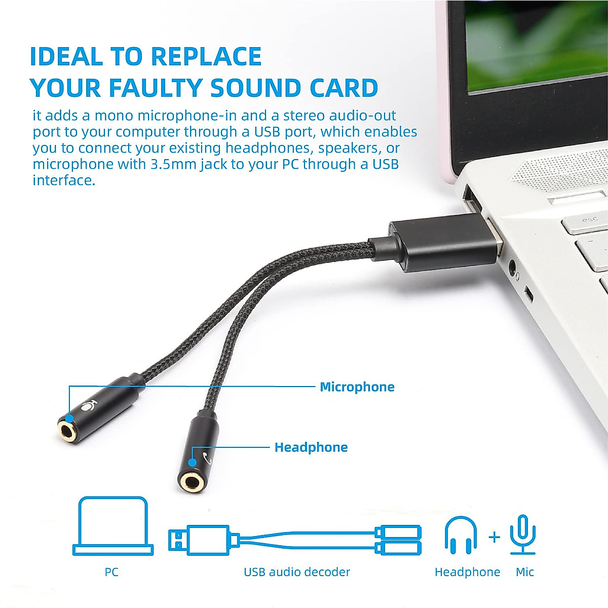 EBEETECH USB to Dual 3.5mm Audio Jack Adapter, Mic-Supported Headphone Adapter for Two Headphones, Speakers to Laptop, with 3-Pole 3.5mm Jack Audio Cables (20cm&100cm) [3 Pack], Black