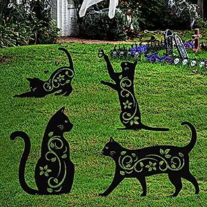 Elcoho 4 Pack Black Cat Silhouette Cute Metal Cat Garden Statues Bird Repellent Cat Decorative Garden Stakes for Yard, Garden, Lawn Outdoor Decorations