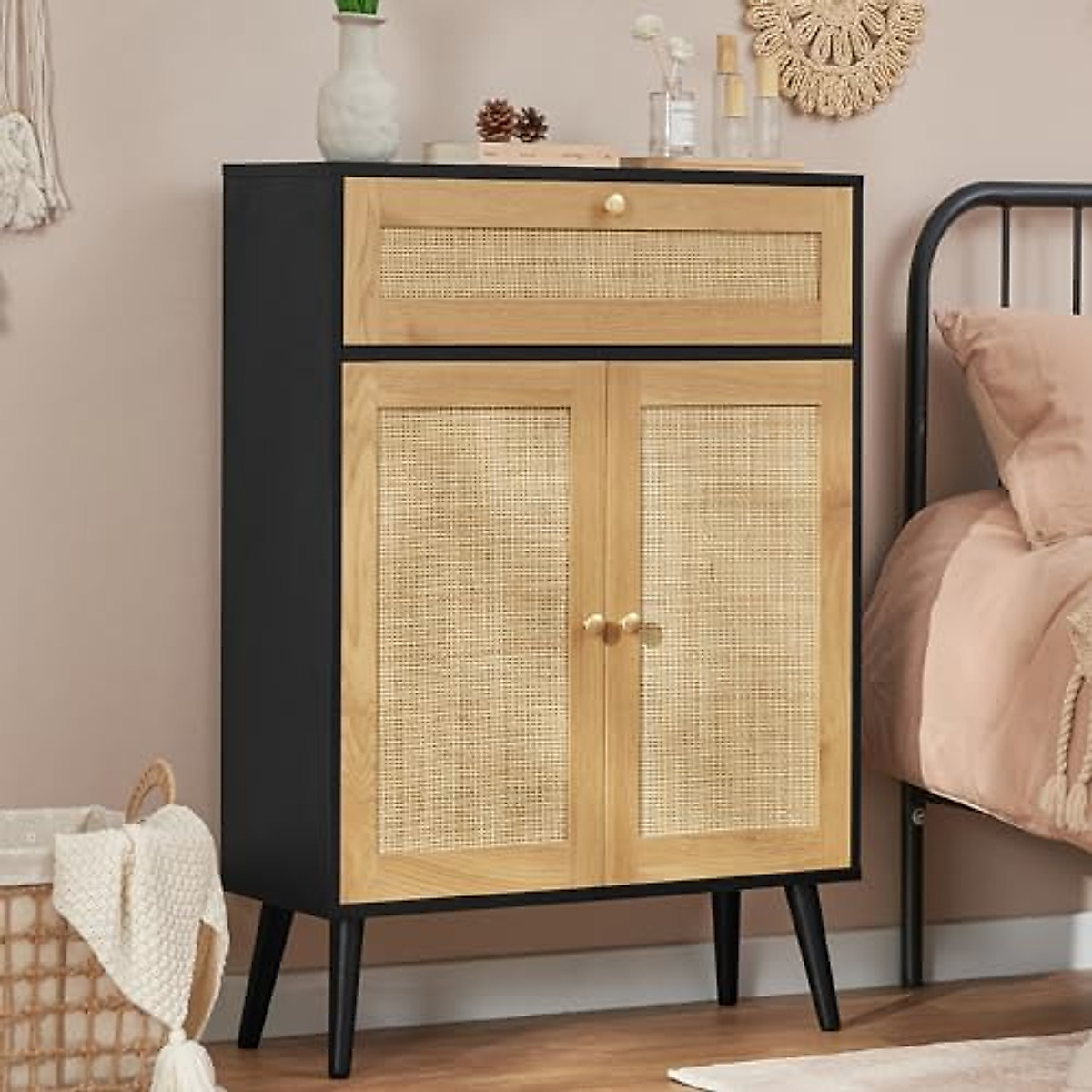 Quimoo Tall Storage Cabinet, Rattan Cabinet with Adjustable Shelf & Large Drawer, Boho Storage Cabinet, Accent Cabinet for Entryway, Living Room, Black