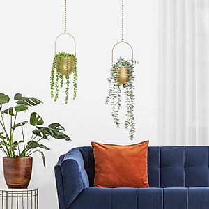 AceList Boho Gold Metal Hanging Planters, Set of 2 with Hooks & Chains - Versatile Wall & Ceiling Plant Hangers for Indoor/Outdoor Décor