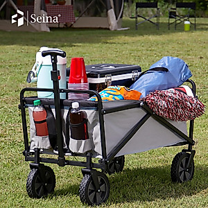 Seina Heavy Duty Steel Compact Collapsible Folding Outdoor Portable Utility Cart Wagon w/All Terrain Rubber Wheels and 150 Pound Capacity, Gray/Black