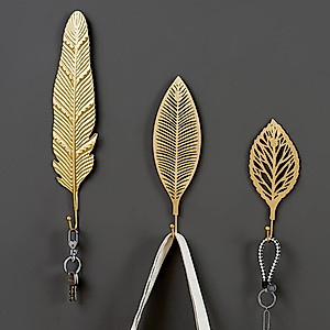 Decorative Leaves Iron Hooks, Set of 4 Leaf Shaped Self Adhesive Wall Shower Curtain Coat Hooks, Modern Key Holder Wall Mounted Metal Iron Gold Single Prong Coat Hanger for Hallways, Living Room