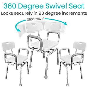 Vive Swivel Shower Chair for Seniors, Elderly, Disabled - Narrow Handicap Tub Bench for Inside Shower - with Arms & Back, Height Adjustable - 360° Rotating Bathtub Seat for Easy Mobility