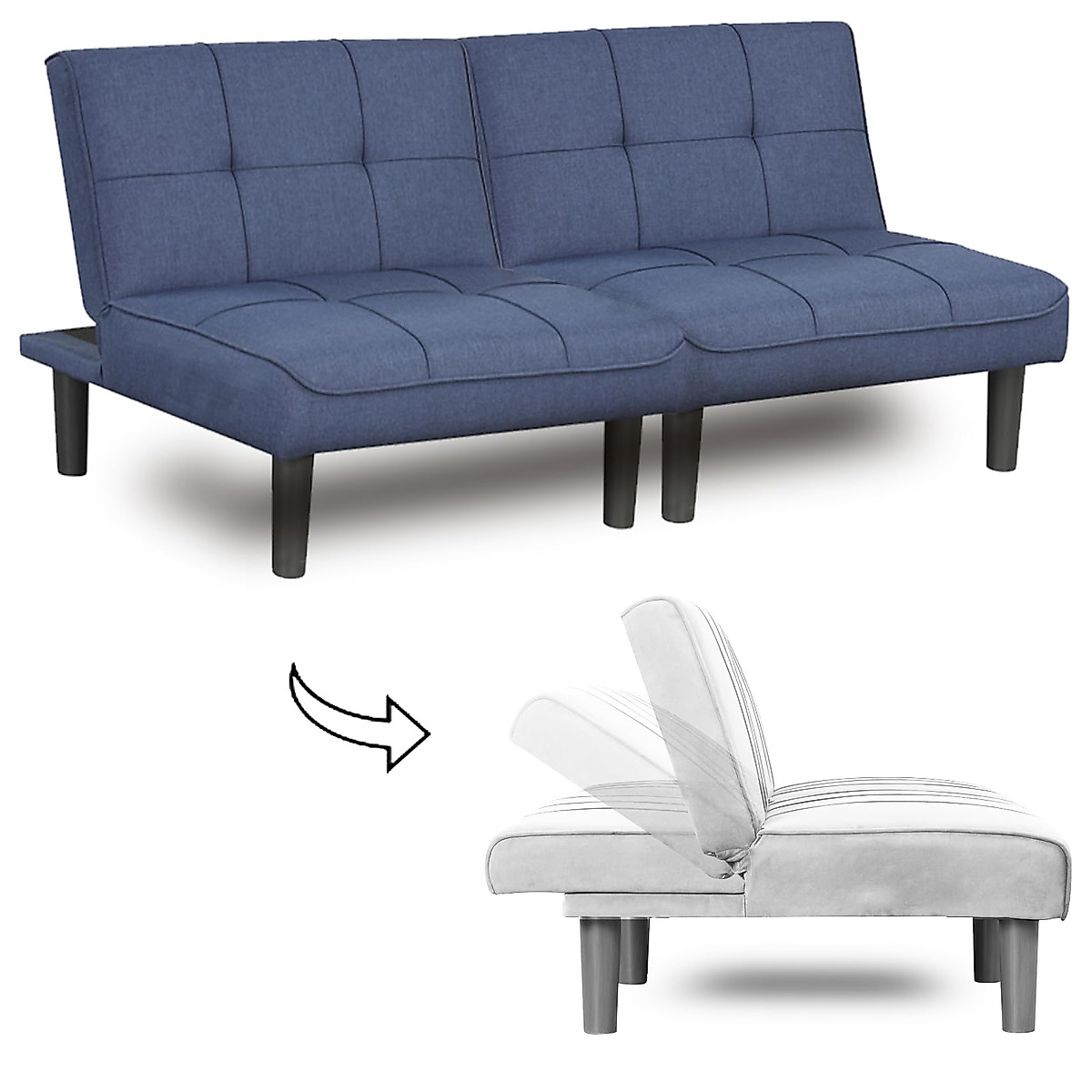 KAIRUITUCH 3-in-1 Convertible Futon Sofa Bed Twin, Loveseat Futon Couch Daybed with Folding Adjustable Backless, 2 Piece Small Futon Couch Chairs for Living Room, Apartment, Blue Fabric 306BL1-2PCS