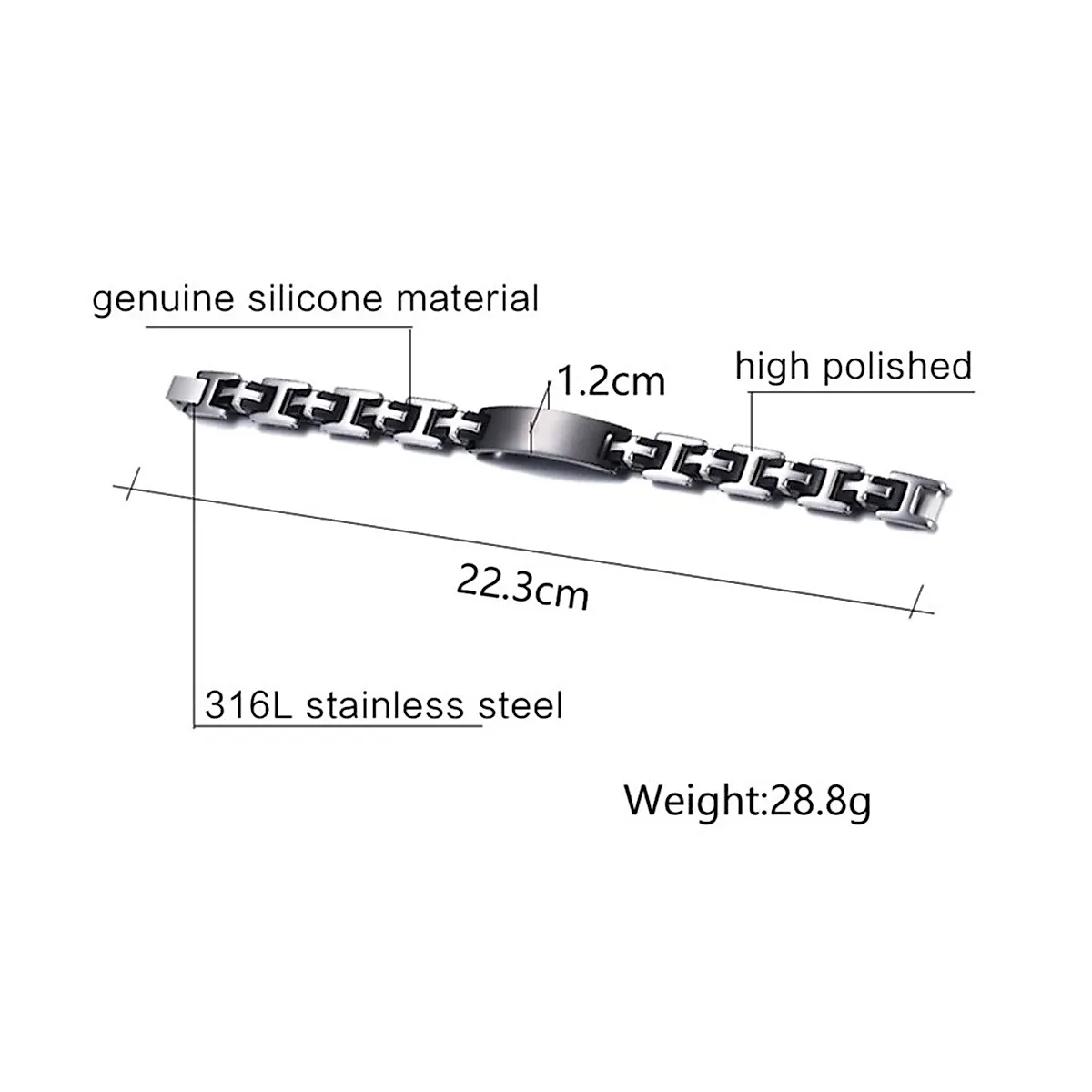 VNOX High Polished Stainless Steel ID Bracelet Bangle Silicone Chain (Free Engraving) 12mm Width,8.8"