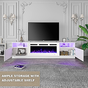 EROMMY 80'' Fireplace TV Stand with 40'' Electric Fireplace, Entertainment Center with 16 Color Led Lights and 12 Flame Fireplace Insert Heater, TV Console for TVs up to 90'' for Living Room, White