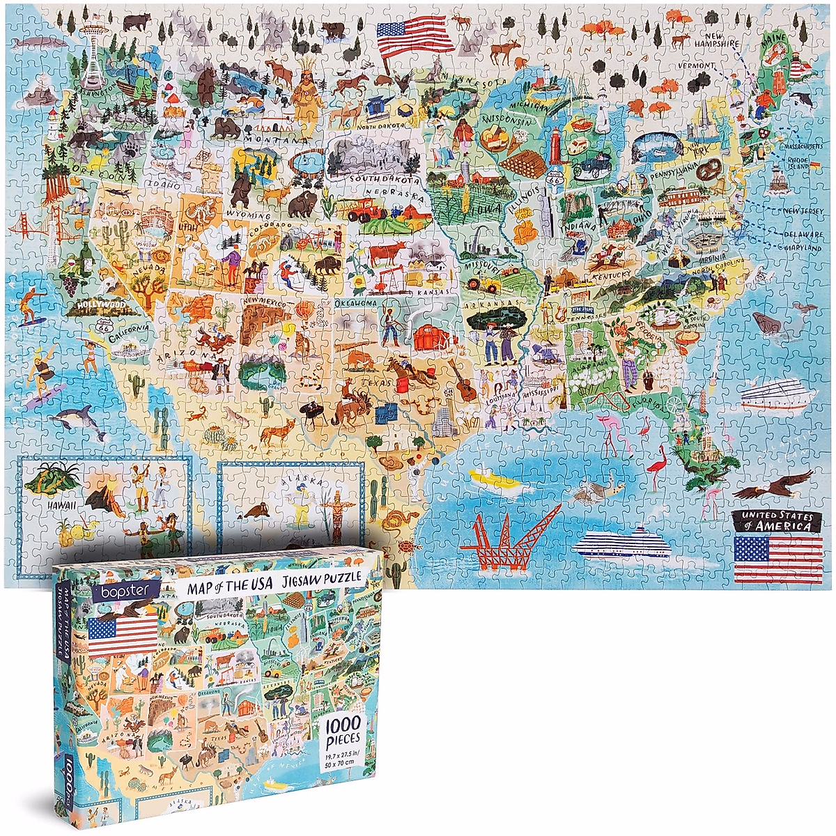 Puzzles for Adults 1000 Pieces - Illustrated US Map Puzzle - United States USA 1000 Piece Puzzle for Adults and Kids Puzzles - 100% Recycled Cardboard by bopster
