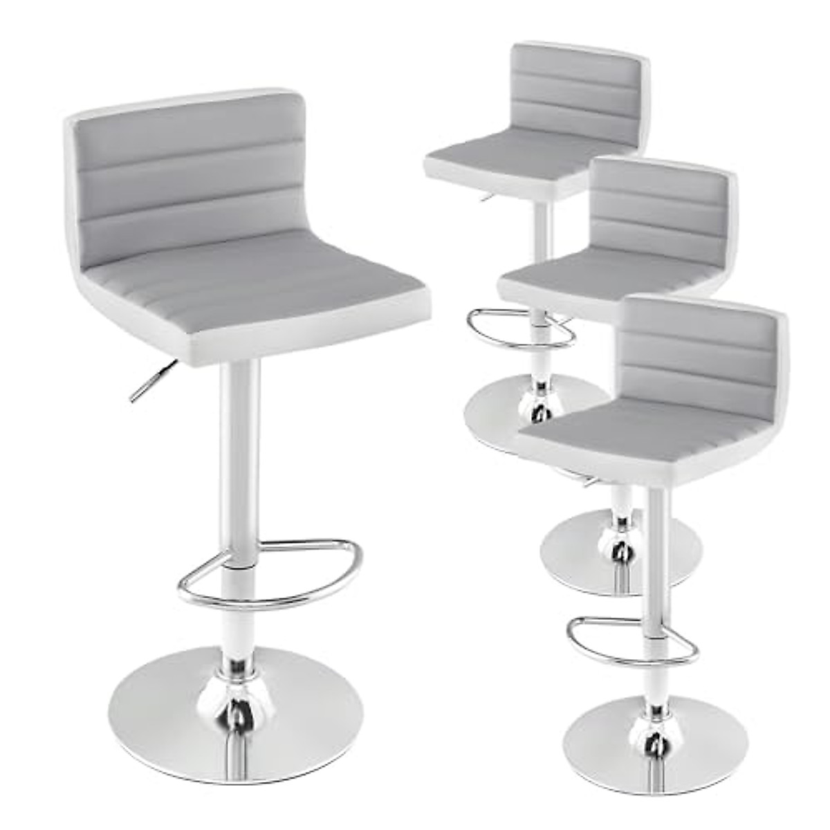 COSTWAY Adjustable Bar Stools Set of 4, Modern Swivel PU Leather Bar Chairs with Back, Footrest, Counter Height Upholstered Barstools for Kitchen Island Dining Living Room Bistro Pub Cafe, Grey+White