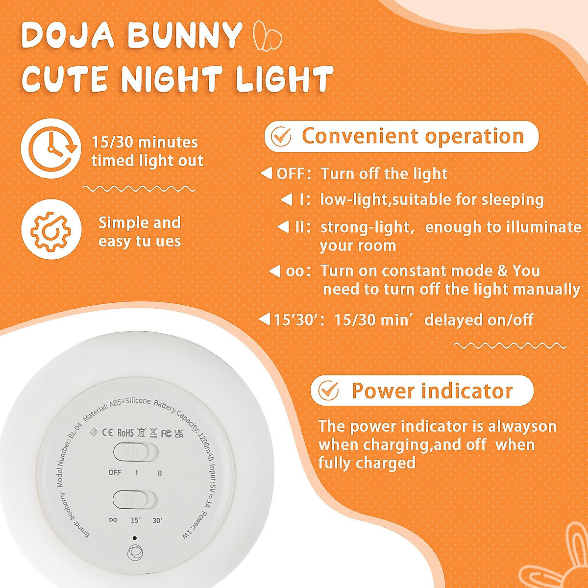 booborny Night Lghts for Bedroom Cute Lamp Bunny Night Light Silicone Nightlight Squishy LED Rechargeable Kawaii Lamp
