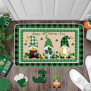 Svepndic St. Patricks Day Door Mat Indoor Outdoor Area Rugs 28 x 17 Inch Gnomes Shamrock Welcome Mat Non-Slip Green Entrance Floor Mat Clover Doormat for Kitchen Living Room Bath Room