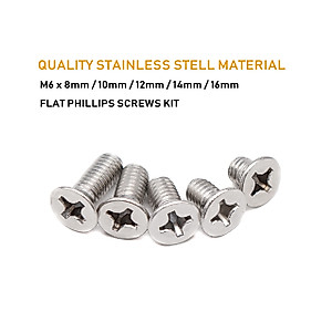 binifiMux 100pcs Flat Phillips Head M6 x 8mm/ 10mm/ 12mm/ 14mm/ 16mm 304 Stainless Steel Screws Kit
