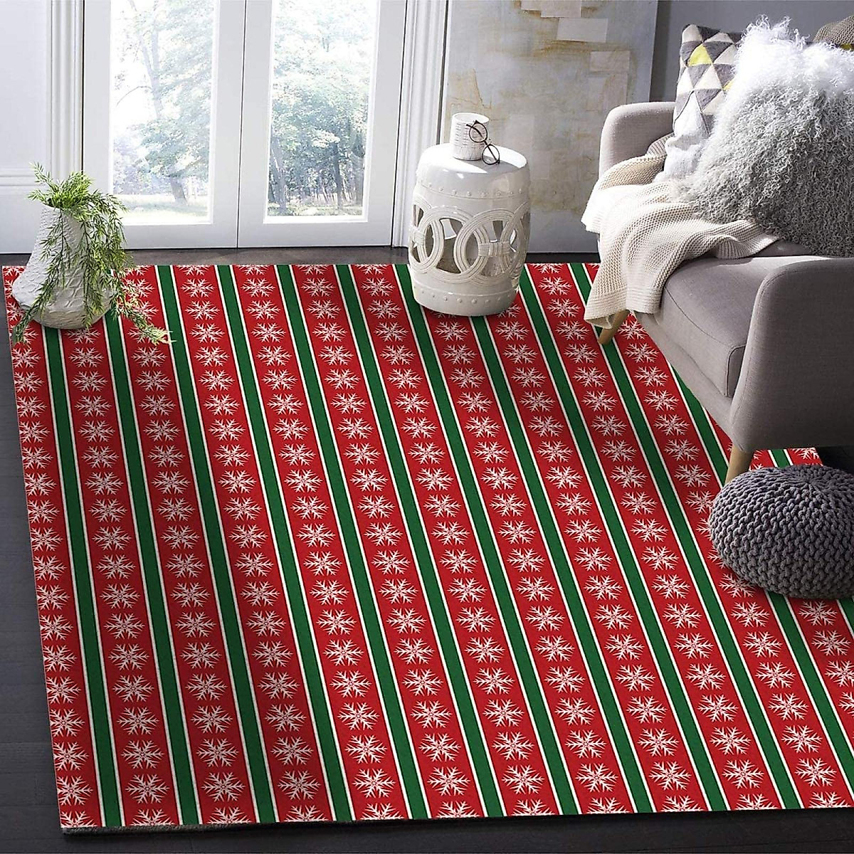 White Snowflake Christmas Decoration Area Rug, Modern Red Green Geometric Stripes Indoor Non-Slip Kids Rugs, Soft Machine Washable Carpet, for Front Porch Kitchen Entryway Doormats-4' x 6'
