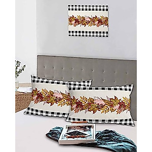 Edwiinsa Thanksgiving Pillow Covers Standard Size Set of 2 Bed Pillow, Farmhouse Fall Maple Leaf Black White Plaid Plush Soft Comfort for Hair/Skin Cooling Pillowcases with Envelop Closure 20''x26''