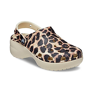 Crocs Women's Classic Graphic Platform Clogs, Platform Shoes, Bone/Leopard, 10 Women