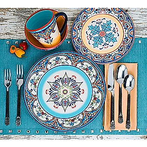 Euro Ceramica Zanzibar Collection 16 Piece Dinnerware Set Kitchen and Dining, Service for 4, Spanish Floral Design, Multicolor, Blue and Yellow
