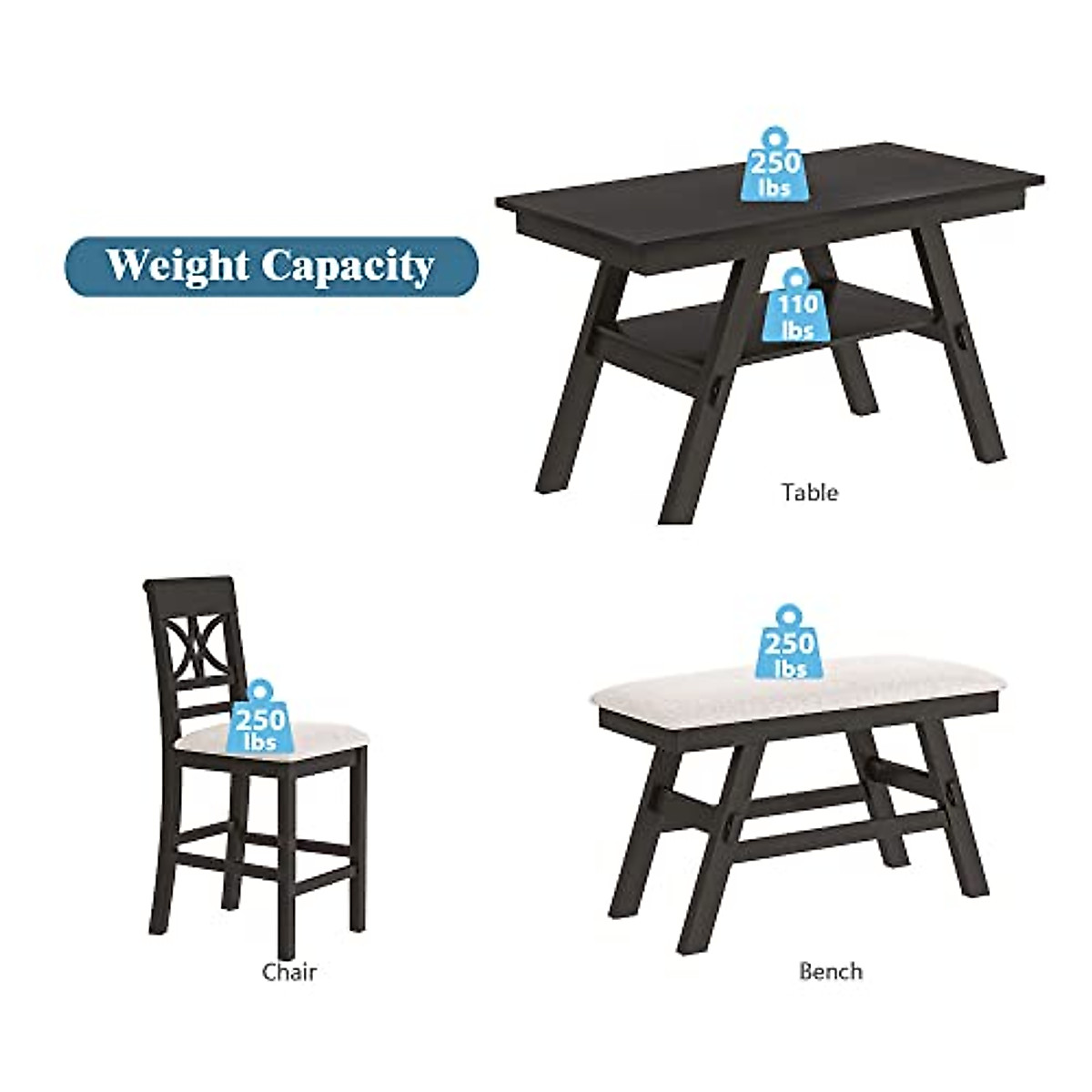 Farmhouse Counter Height 6-Piece Dining Set, Heavy Solid Wood Kitchen Dining Room Table Set, 60 in Triangular Design Bar Table with Storage Shelf, Bench and 4 Chairs with Soft Cushion (Espresso)