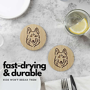 Set of 6 Bamboo Coasters with Holder - 3.9 Inch Fun Dog Coasters - Non-Stick Absorbent Engraved Laser-Cut - Durable, Washable (German Shepherd)