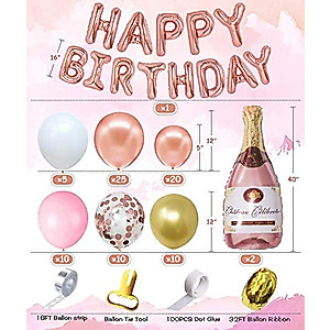 Rose Gold Champagne Bottle Balloon Garland Arch Kit, Rose Gold Happy Birthday Banner Balloons for Birthday Party Decorations, 18th 21st 30th 40th 50th 60th Birthday Decorations for Women Her Girls