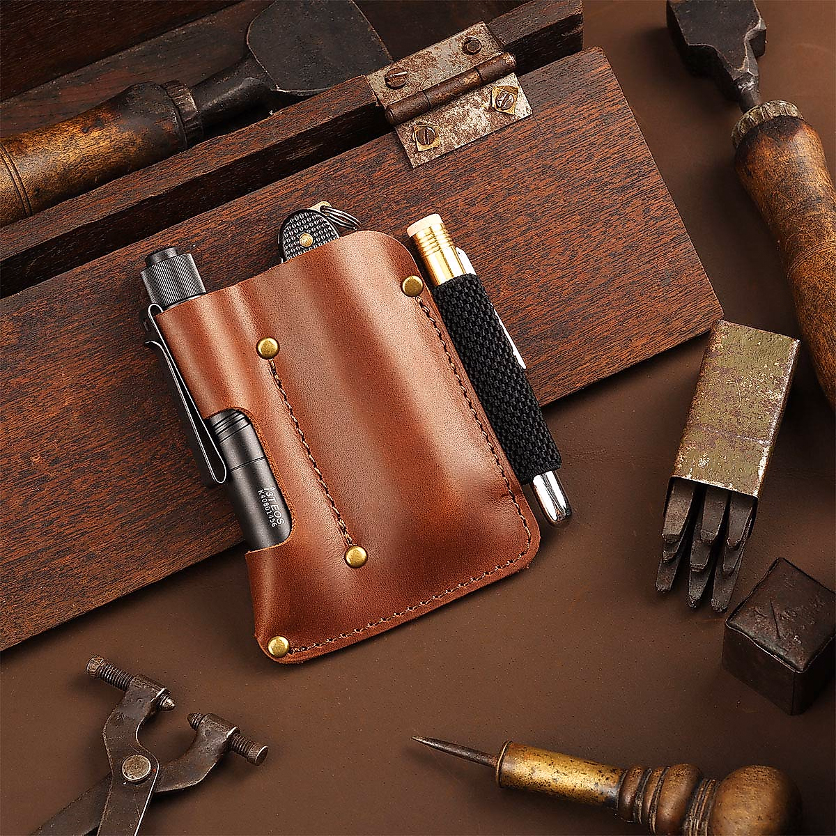 EASYANT Leather Sheath EDC Pocket Organizer Hollow Sleeve Tool Pouch for Flashlight