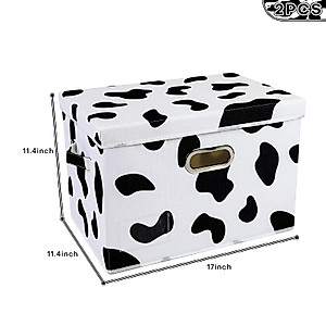 ANMINY 2PCS Large Storage Bins Cow Print Foldable Cotton Linen Lidded Box Basket Cubes Set with Removable Lids PP Plastic Board Handles Label Window Home Closet Shelf Clothes Toys Organizer Containers