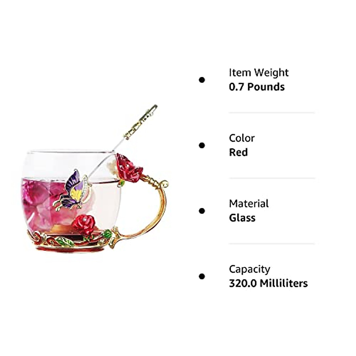 VANUODA Enamels Butterfly Flower Tea Cup, Glass Coffee Mugs with Spoon, Valentines Mothers Day Graduation Christmas Gifts for Women Wife Mom Her Grandma Girls Teacher Friends, Birthday Present Idea