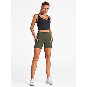 Dragon Fit High Waist Yoga Shorts for Women with 2 Side Pockets Tummy Control Running Home Workout Shorts (Large, Olive Green)
