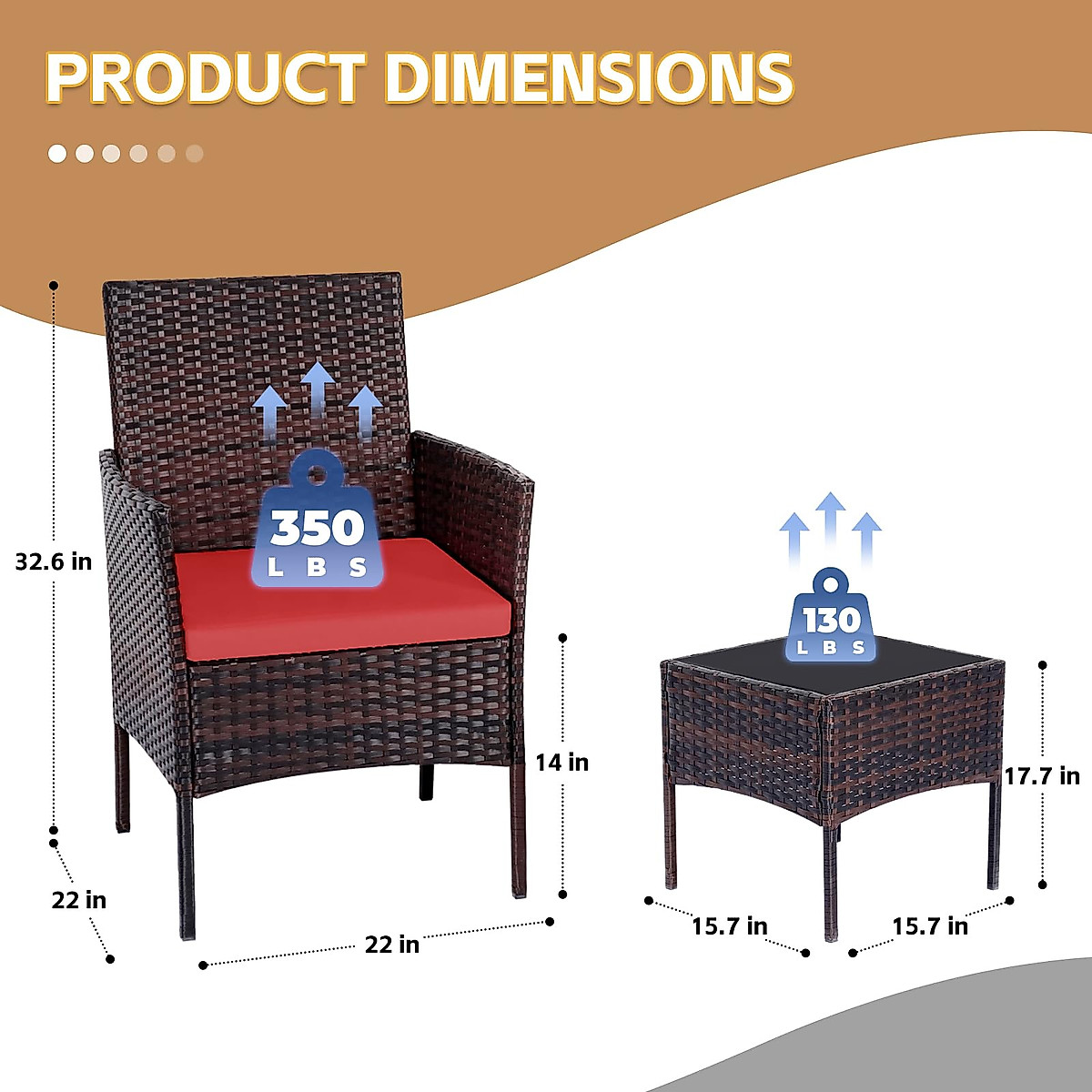 PAIQIAN Patio Porch Furniture Sets 3 Pieces PE Rattan Wicker Chairs with Table Tempered Glass Outdoor Garden Furniture Sets for Balcony Garden Porch Backyard(Brown/Red)