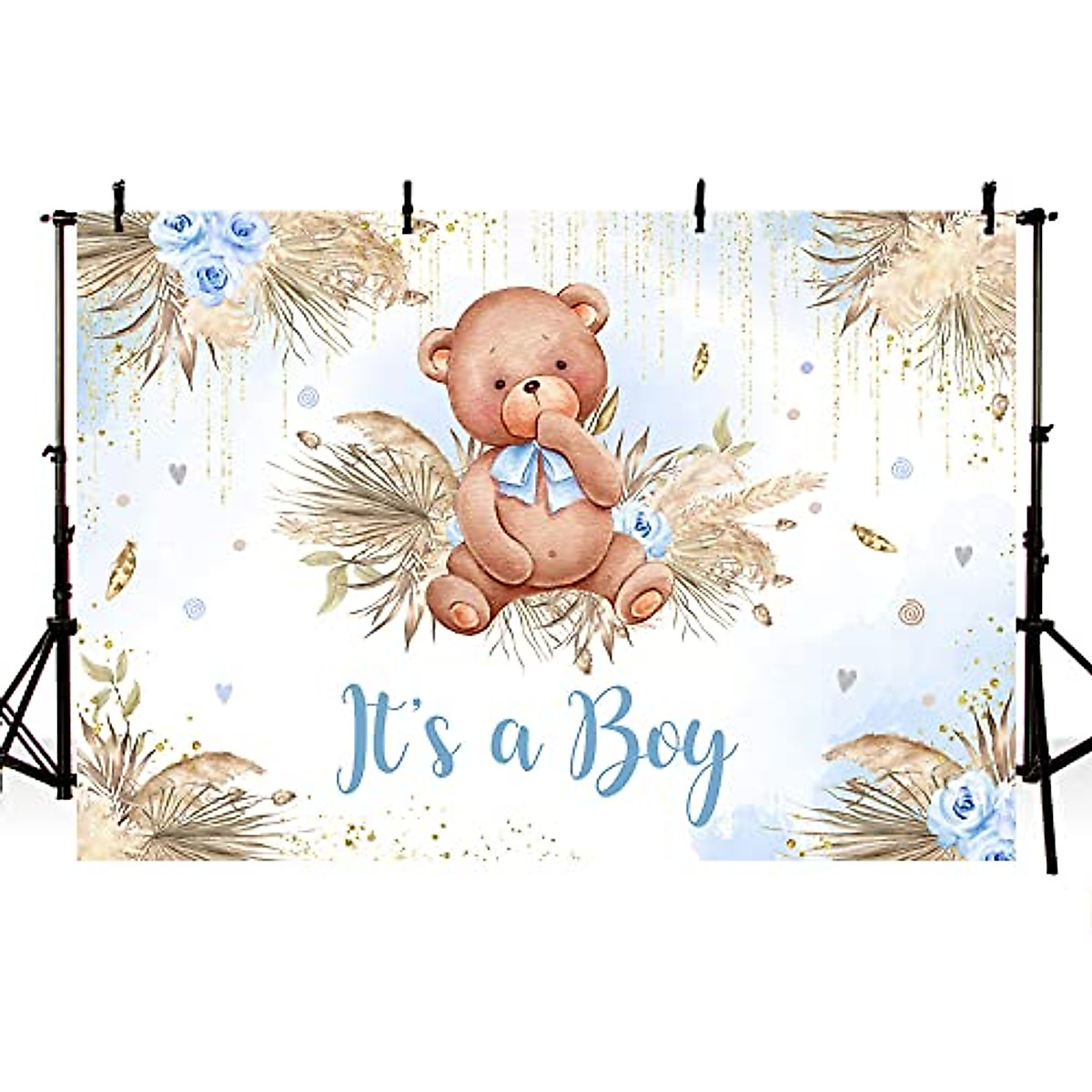 MEHOFOND Boho Bear Baby Shower Backdrop for Boy Baby Shower Party Decorations Bohemian Pampas Gass It's a Boy Baby Shower Photography Background Gold Glitter Dots Decor 7x5ft