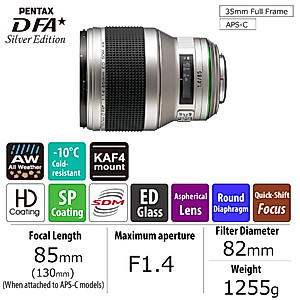 Pentax HD PENTAX-D FA*85mmF1.4ED SDM AW Silver Edition: Limited Quantity Prime Telephoto Lens from The New-Generation, Star-Series Lens Featuring The Latest PENTAX Lens Coating Technologies (23550)
