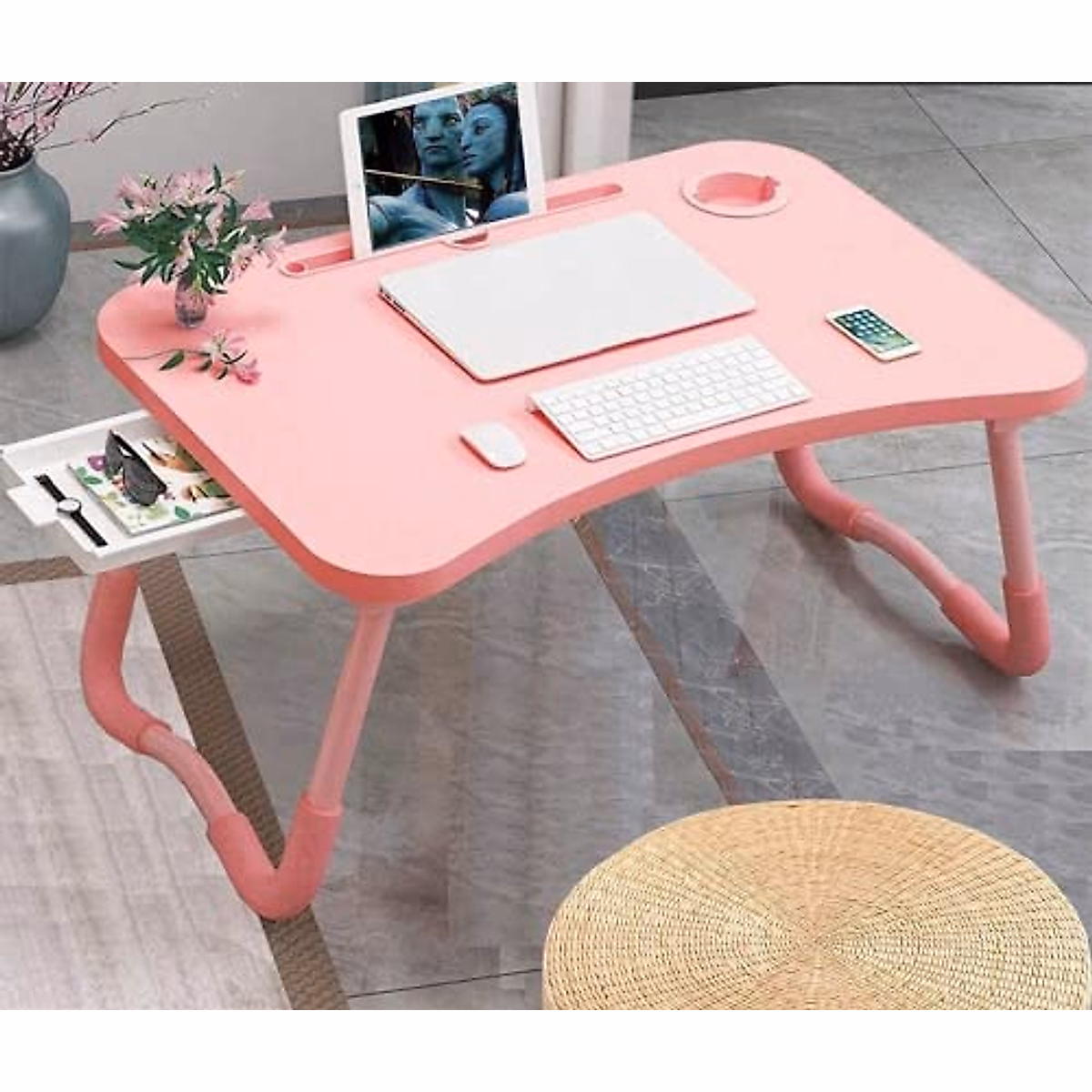 Foldable Bed Table for Laptop, Laptop Desk Table Stand, Laptop Bed Tray Table with Storage Drawer, Notebook Stand Lap Desk for Writing Reading Eating, Portable Laptop Table for Bed Sofa Floor