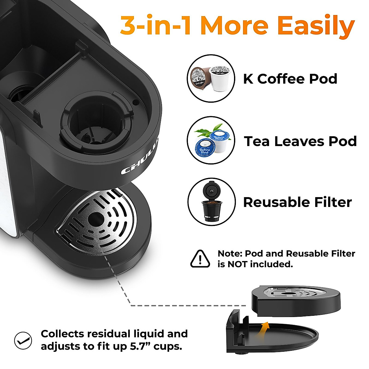 CHULUX 1000W Compact Single Serve Coffee Maker, Instant One Cup Coffee Pod Maker for K Cup & Ground Coffee, Stainless Steel Capsule Coffee Machine, 90s Fast Brewing