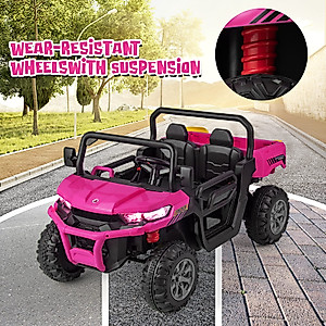 OLAKIDS 2 Seater Ride On Car, 12V Off-Road UTV Electric Vehicle with Remote Control, Dump Bed, Extra Shovel, Music, USB, AUX, Rocking Function, Kids Toddlers Battery Powered Truck (Pink)