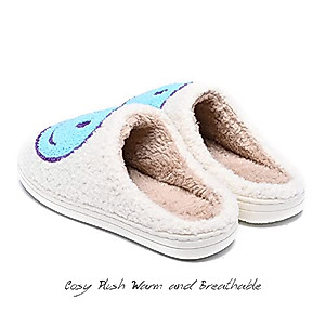 AIMINUO Women's Men's Retro Preppy Happy Face Slippers Comfy Warm Plush Slip-On House Slipper for Winter Indoor Soft Cushion Non-slip Fluffy Slides Slippers White-Cyan 6.5-7.5 Women/6-7 Men